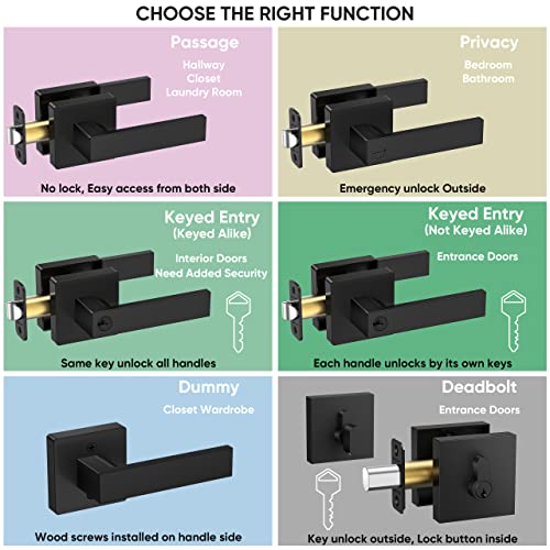TICONN Door Handle Heavy Duty, Reversible Square Door Lever for Bedroom, Bathroom and Rooms (Black, Deadbolt with Keyed Entry - Not keyed Alike)