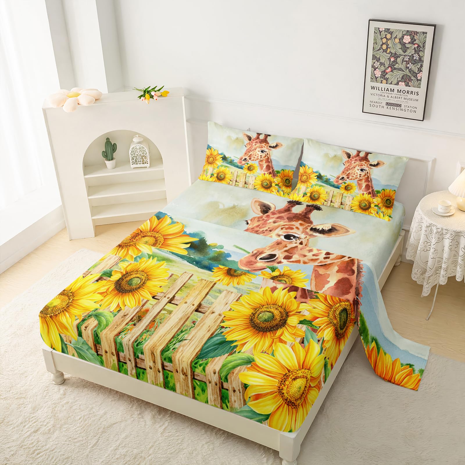 QOOMO Giraffe Bedding for Boys and Girls Sunflower Silky Soft Microfiber Bed Sheets Grassland Super Soft Kids Bedding Set Queen Size 1 Fitted Sheet, 1 Flat Sheet 2 Pillow Cases Room Decoration