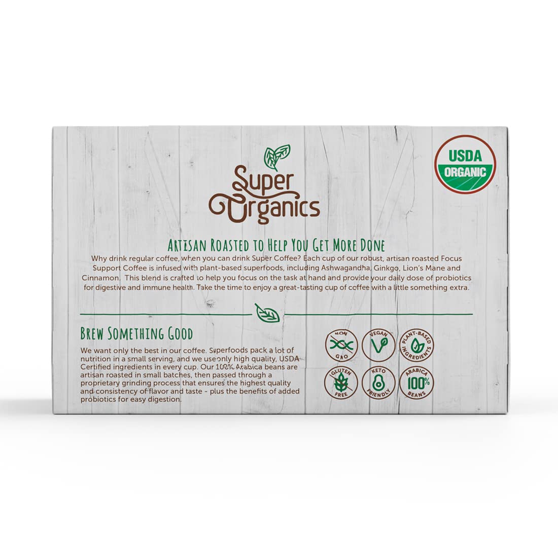 Super Organics Focus Support Coffee Brew Cups With Superfoods & Probiotics, Keurig K-Cup Compatible, Adaptogens, Medium Roast, USDA Certified, Vegan, Non-GMO, 10 count