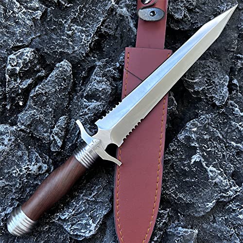 MADSABRE Fixed Blade Hunting Knife Saber with Leather Sheath, 15 Inches Outdoor Survival Tactical Knives, Double Edged Serrated Dagger Wood Handle