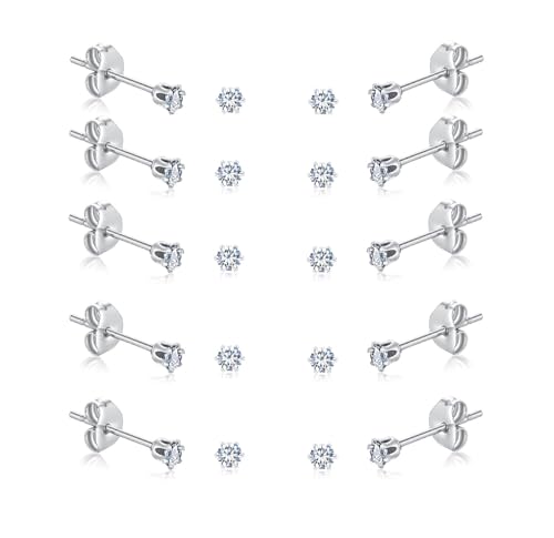 FOSIR 10 Pairs Tiny Women's Stainless Steel Round Clear Cubic Zirconia Stud Earrings (3mm CZ, Surgical Steel)