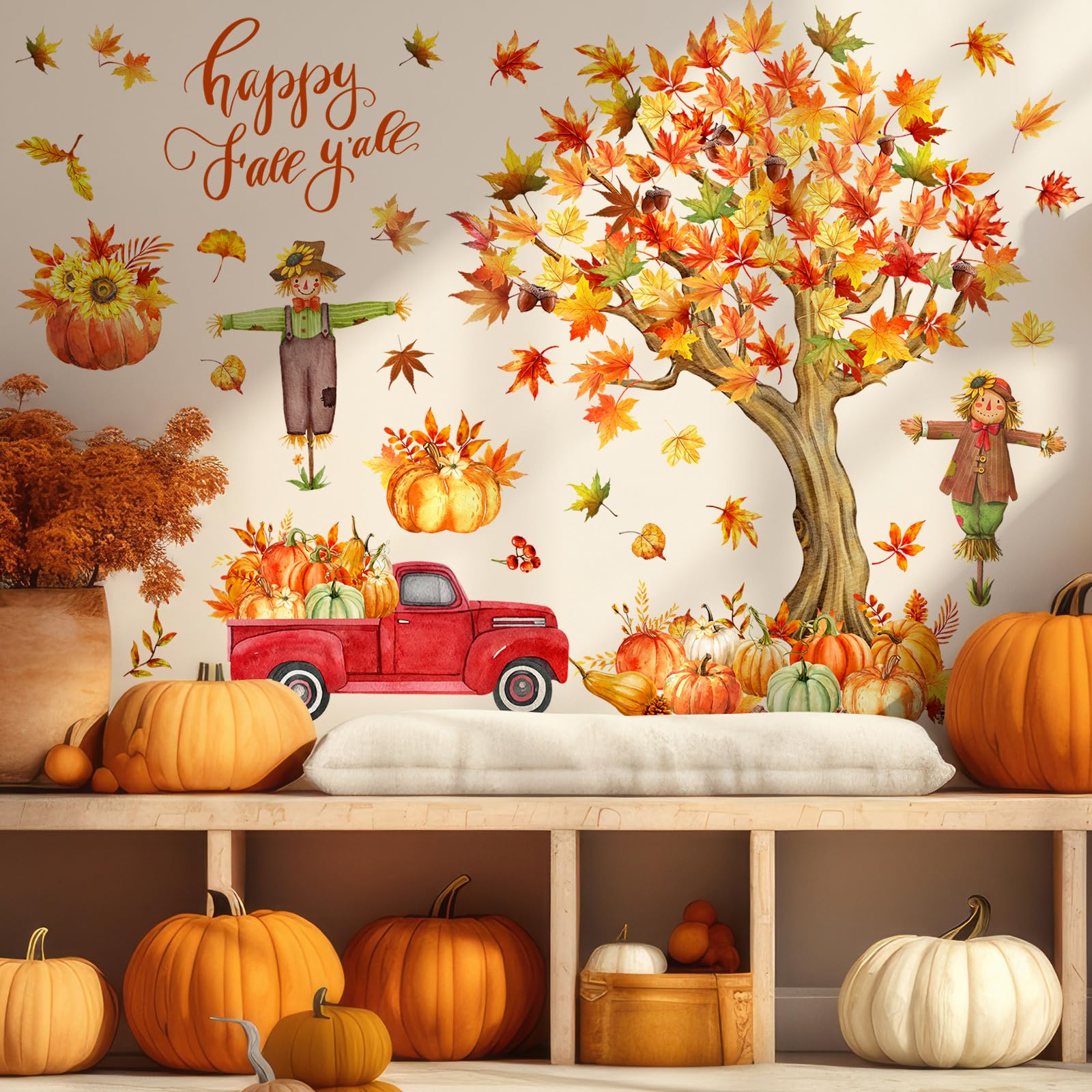 Resurhang Fall Maple Leaves Wall Decals Fall Tree Scarecrow Pumpkin Truck Wall Decor Sticker Thanksgiving Removable Fall Leaves Wall Decor Cute Autumn Wall Mural Art for Classroom Bedroom Decor