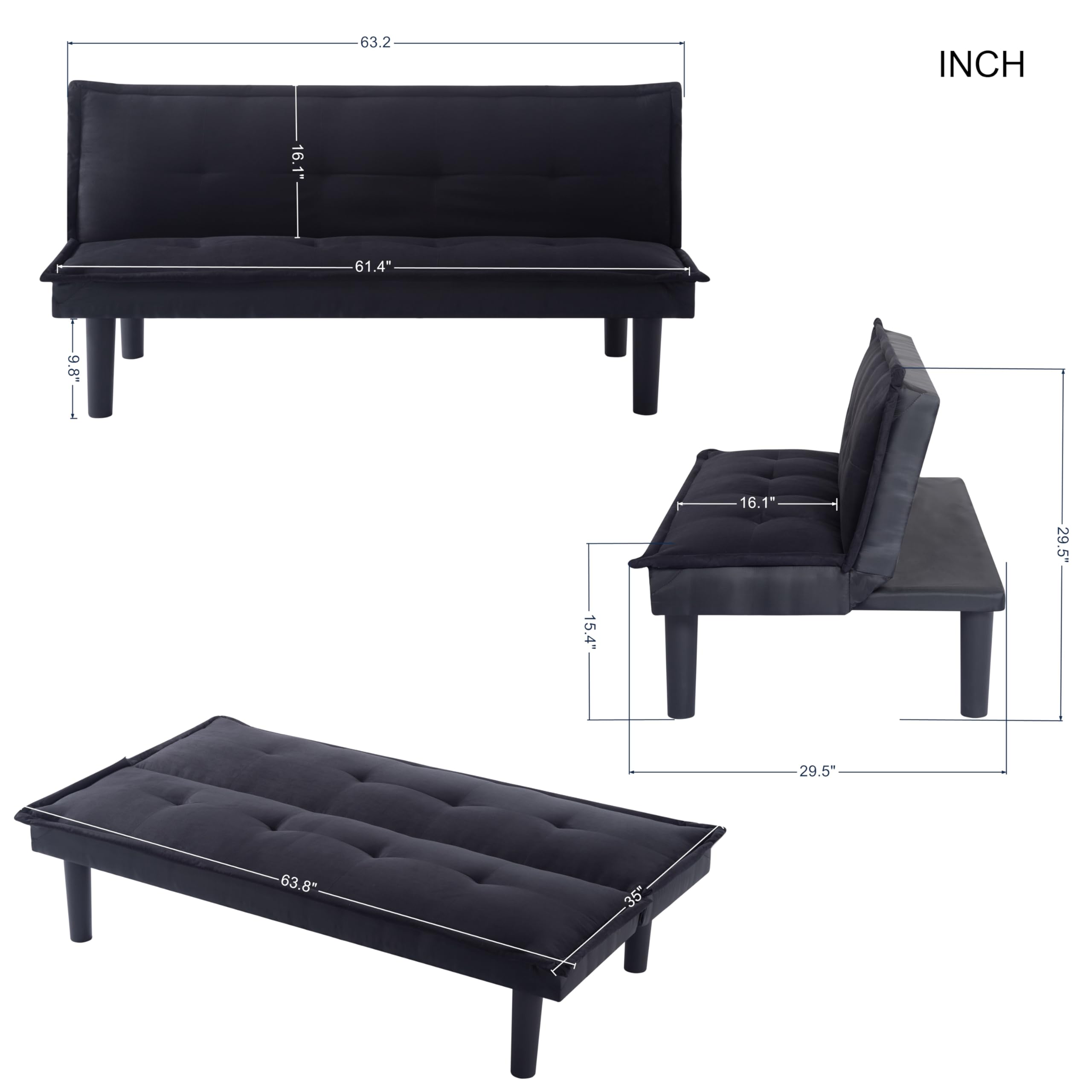 PVWIIK Convertible Folding Futon Sofa Bed, Faux Suede Upholstered Loveseat w/Plastic Legs, Sleeper Couch Recliner Lounge for Small Space Apartment Office Living Room, Black