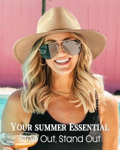 FURTALK Sun Hats for Women Summer Wide Brim UV UPF 50+ Panama Fedora Foldable Packable Straw Beach Hat Khaki