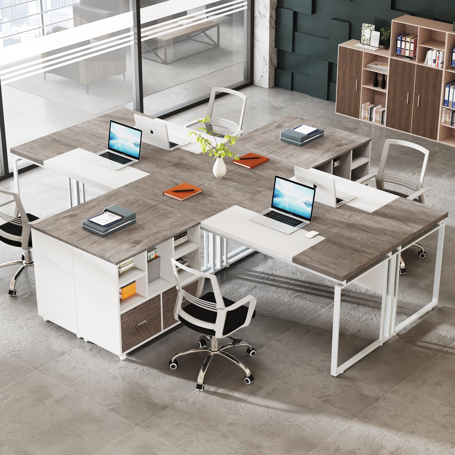 Tribesigns L-Shaped Executive Desk with Reversible File Cabinet, 63" Office Desk with Storage Drawers, L-Shaped Computer Desk with Drawer Cabinet for Hanging Letter Size Files,Gray & White