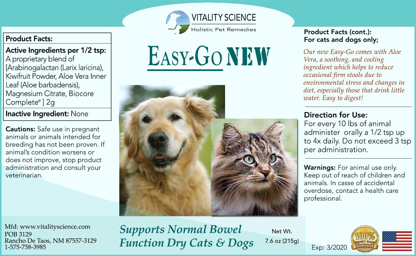 Vitality Science Easy-Go Supplement for Cats and Dogs | Supports Normal Bowel Function | Relieves Constipation | Promotes Healthy Digestive System | Easy Digest | 100% Natural & Additive Free (215g)