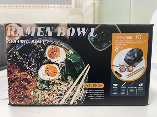 YTLEMON Ramen Bowls Set of Ceramic, 2 Sets of 34 Ounces Large Japanese Serving Bowls with Chopsticks and Spoons Forks, Dinnerware for New Apartments Suitable as Housewarming Gifts (A: Blue)