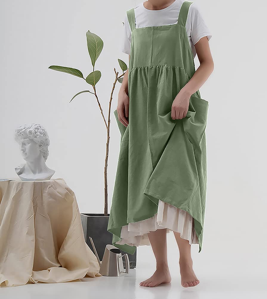 losofar Cotton Linen Square Dress Overalls Kitchen Gardening Solid Color Apron Flower Shop Smock (Green, 92cmx110cm)