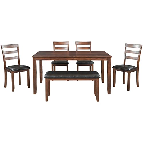 ODC 6-Piece Dining Set, Wooden Rectangular Kitchen Table with Bench and 4 Padded Chairs w/Fabric Cushion, Family Furniture for Six People, 7-Espresso