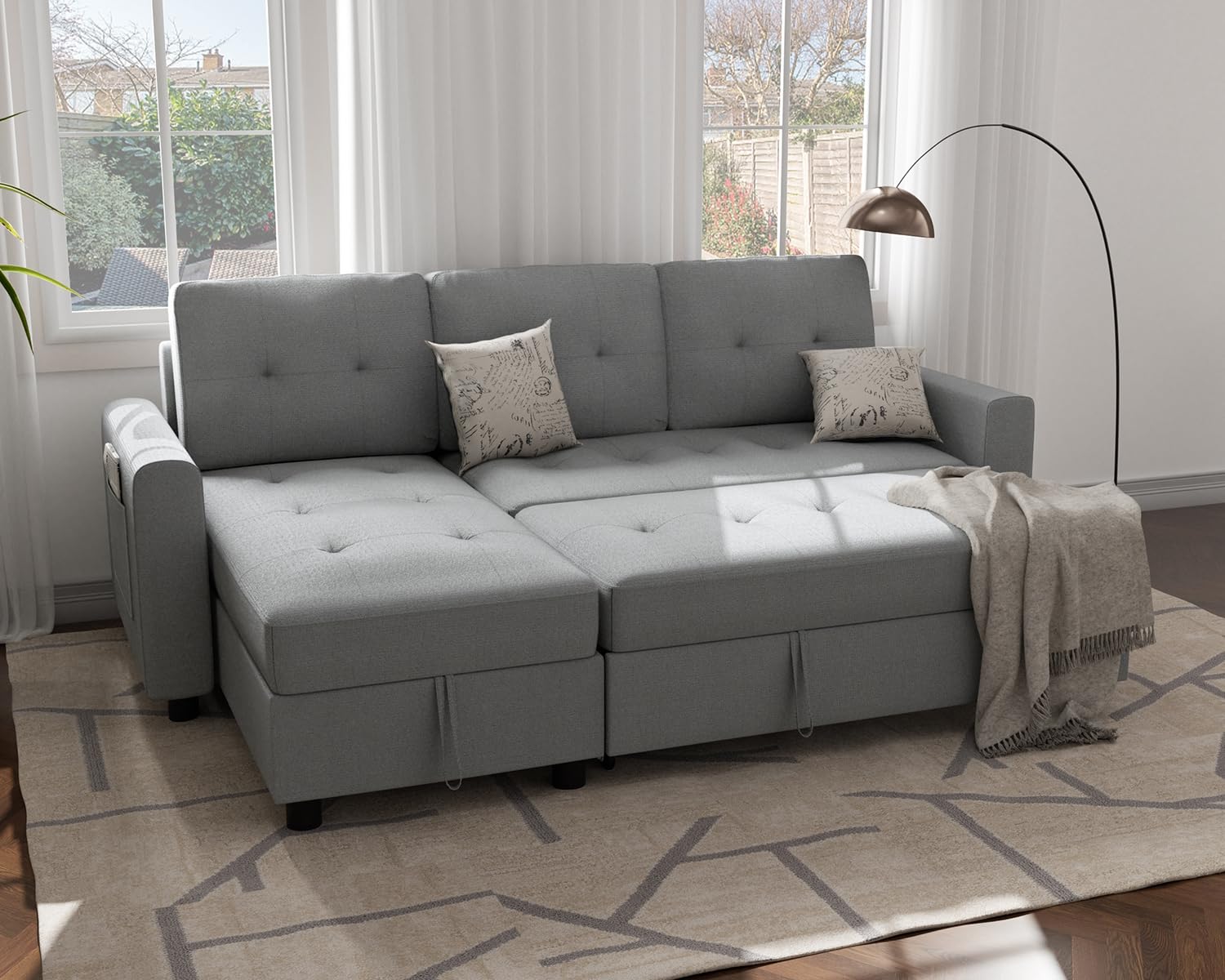 Ucloveria Sectional Sofa Couch, Sleeper Sofa Bed with Reversible Storage Chaise Pull Out Couch Bed for Living Room L-Shape Lounge 2 in 1 Futon Sofa with Side Storage Bag, Grey