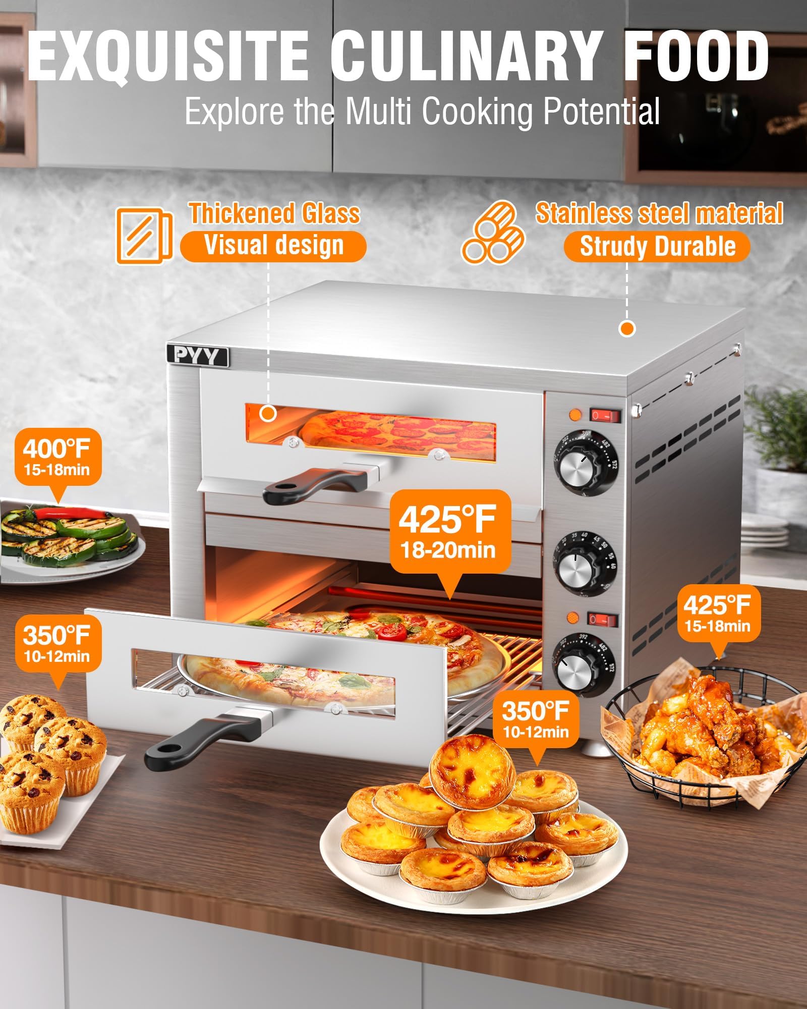 PYY Countertop Pizza Oven Electric Indoor Pizza Oven with Viewing Window Commercial Stainless Steel 2-Layers Pizza Cooker with Timer for Home Restaurant