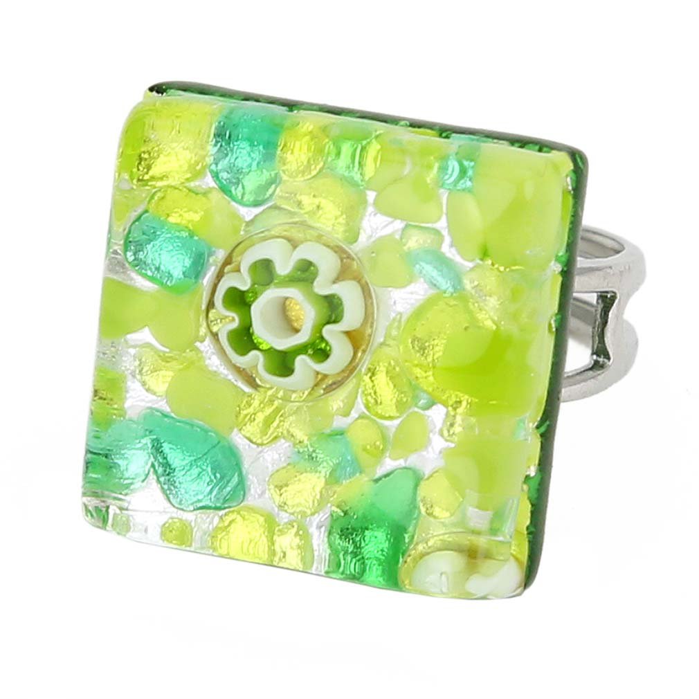 GlassOfVenice Murano Glass Venetian Reflections Square Adjustable Ring - Green Silver