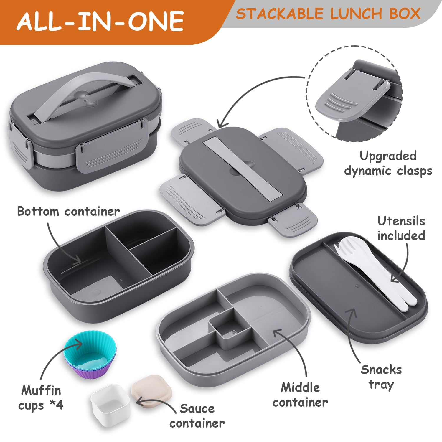 QQKO Bento Box Adult Lunch Box, 3 Stackable Bento Lunch Containers for Adults, Bento Box for Kids, 1900 ML Food Containers, Leak-Proof, Microwave, Dishwasher Safe, Green