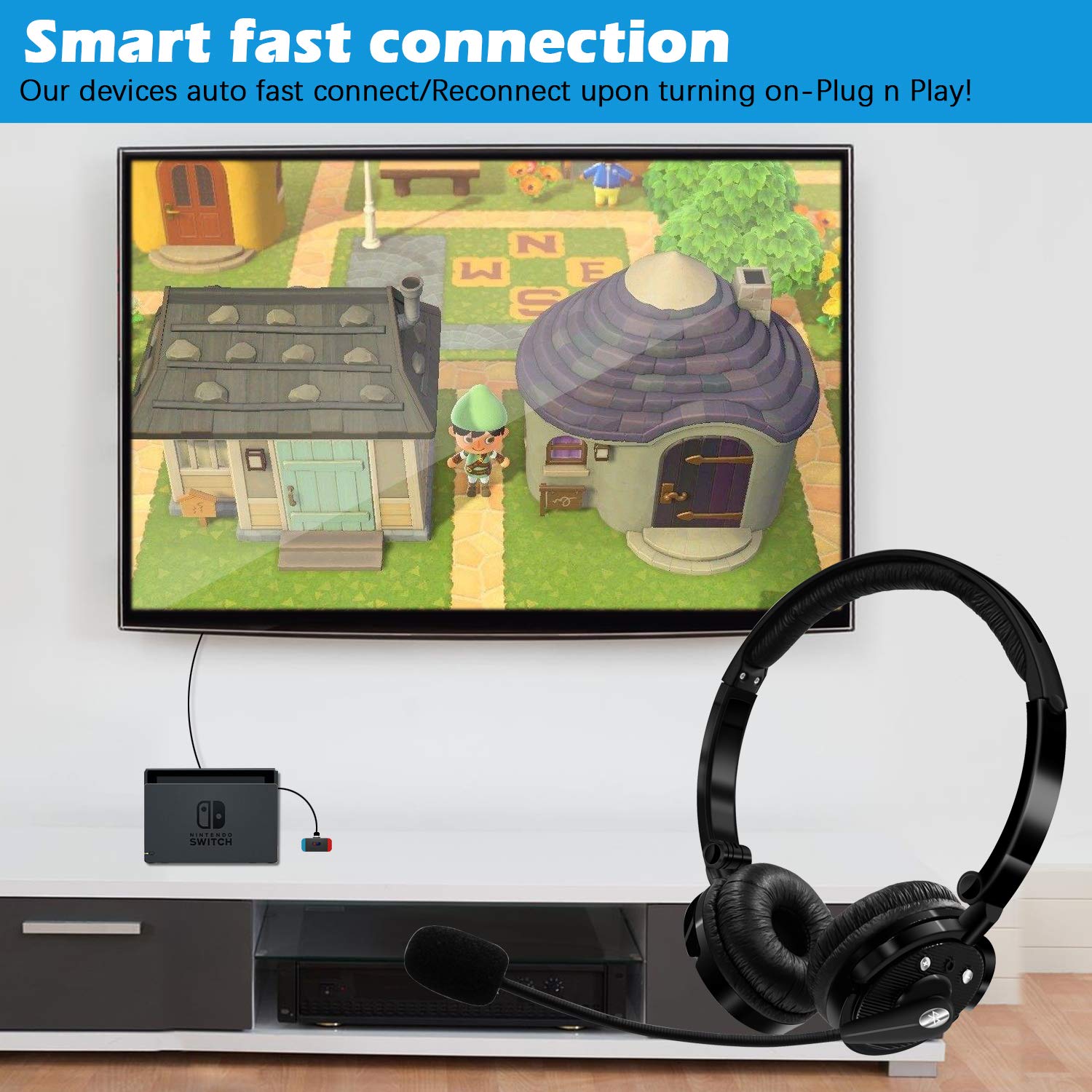 Friencity Wireless Gaming Headset w/Bluetooth Audio Transmitter Adapter set for Nintendo Switch, PC, PS4, PS5, Built-in mic, Support in-Game Voice Chat, Low Latency, Dual Headphones
