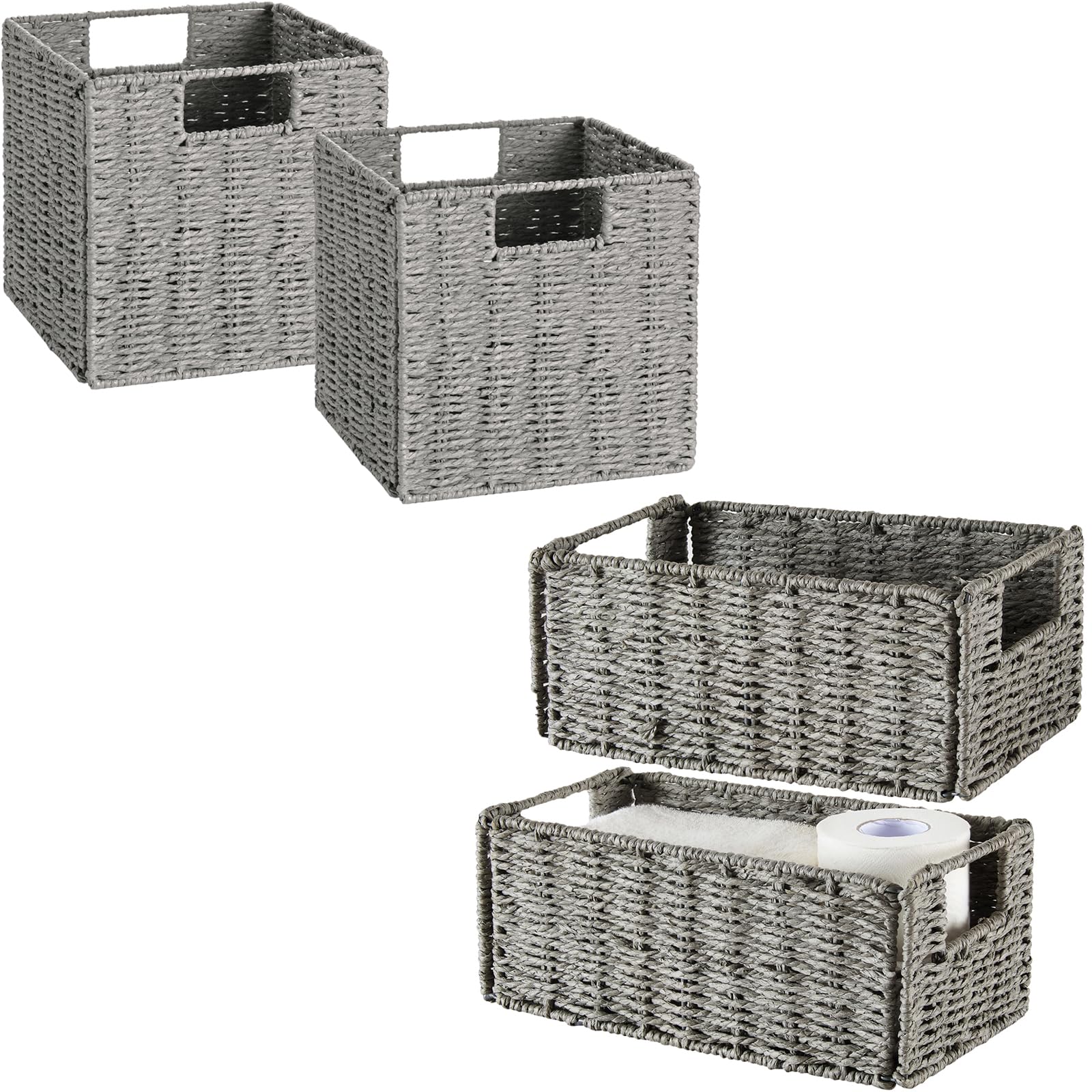Vagusicc Wicker Baskets for Storage, Wicker Baskets for Shelves, Set of 4 Hand-Woven Round Paper Rope Storage Baskets Wicker Baskets for Organizing Storage Bins, Grey