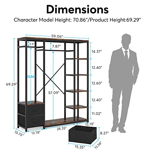 Tribesigns Freestanding Closet Organizer with 2 Drawers, 59 inch Heavy Duty Clothes Garment Rack with Shelves and Double Hanging Rod, Metal Clothing Rack Wardrobe for Bedroom, Rustic Brown