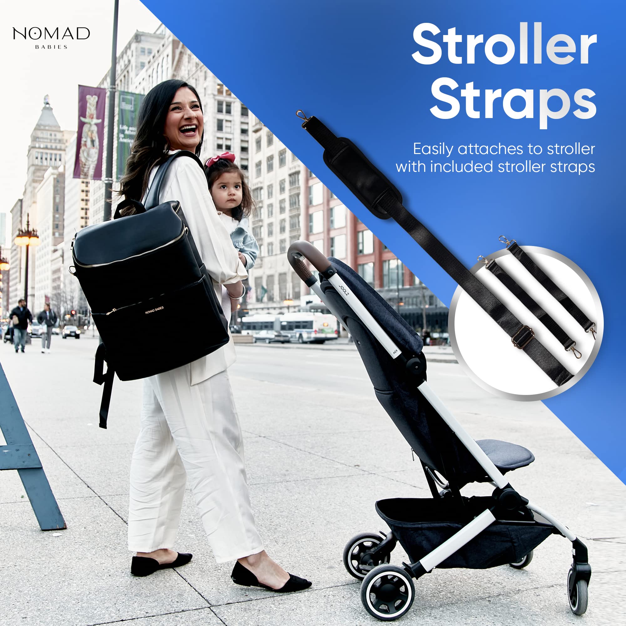 Nomad Babies | Large Leather Designer Diaper Bag Backpack with Insulated Pockets, Dry Clutch Bag, Shoulder Strap, Stroller Straps, and Changing Pad - Black