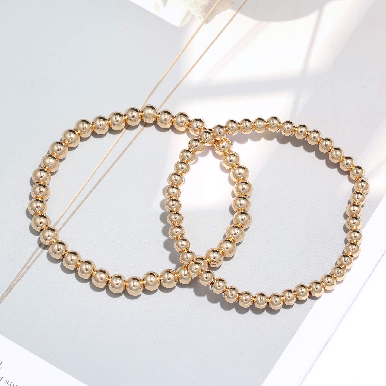 GLBCC Gold Beaded Bracelet Set for Women Stack 14 K real Gold Plated Ball Bracelets Elastic String Bracelet 4 mm 5 mm 6mm Small Beads Friendship Bracelet for Men (gold)