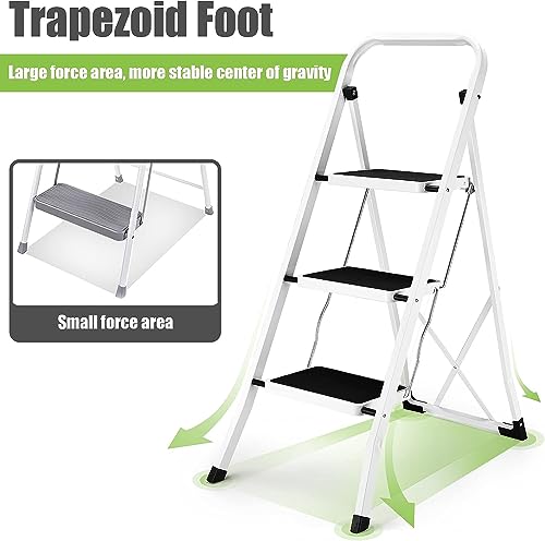 SIMPLI-MAGIC Step Ladder, 3 Step Stool Ergonomic Folding Step Stool with Wide Anti-Slip Pedal Sturdy Step Stool for Adults Multi-Use for Household, Kitchen,Office Step Ladder Stool (3 Step - White)
