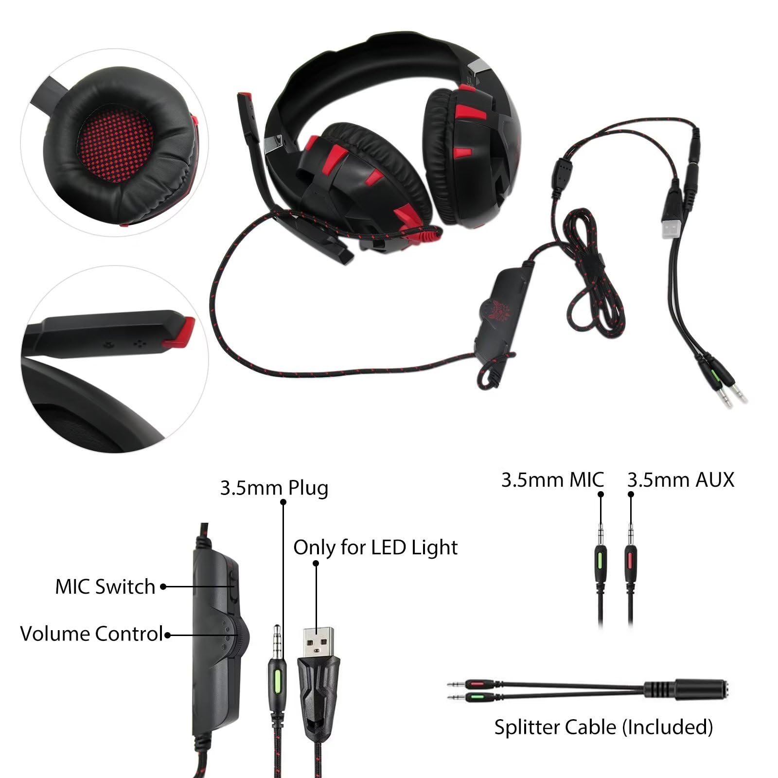 Gaming Headset for PS4 New Xbox one PC Mac Laptop, Professional 3.5mm Over Ear Headphones, Stereo USB Headset with LED Light and Noise canceling Mic for Games by Runying (Red)
