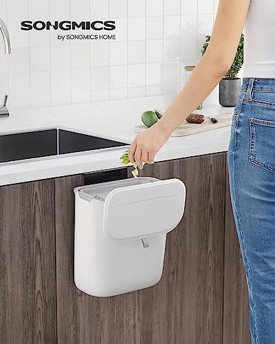 SONGMICS Hanging Trash Can, 2.4-Gallon Kitchen Trash Can with Lid for Food Waste, Wall Mounted Trash Can, Hanging or Sticking on Cupboard Door, for Kitchen Cabinet, Under Sink, White ULTB820W9