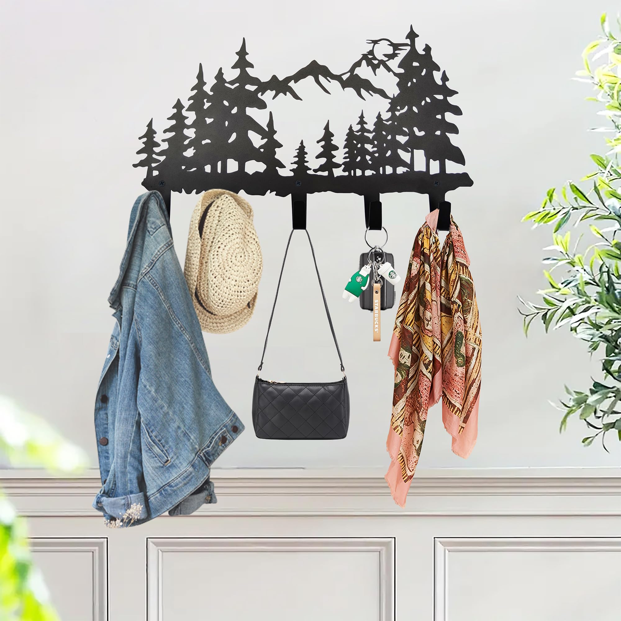 VIVICOMFY Metal Tree Coat Hooks Wall Art Decor-Tree Hangers and Key Holder-Clothes Rack and Backpack Hanger-Forest Theme Hooks Sweet Home Decor for Storage, Living Room, Hallway, Office (Black)