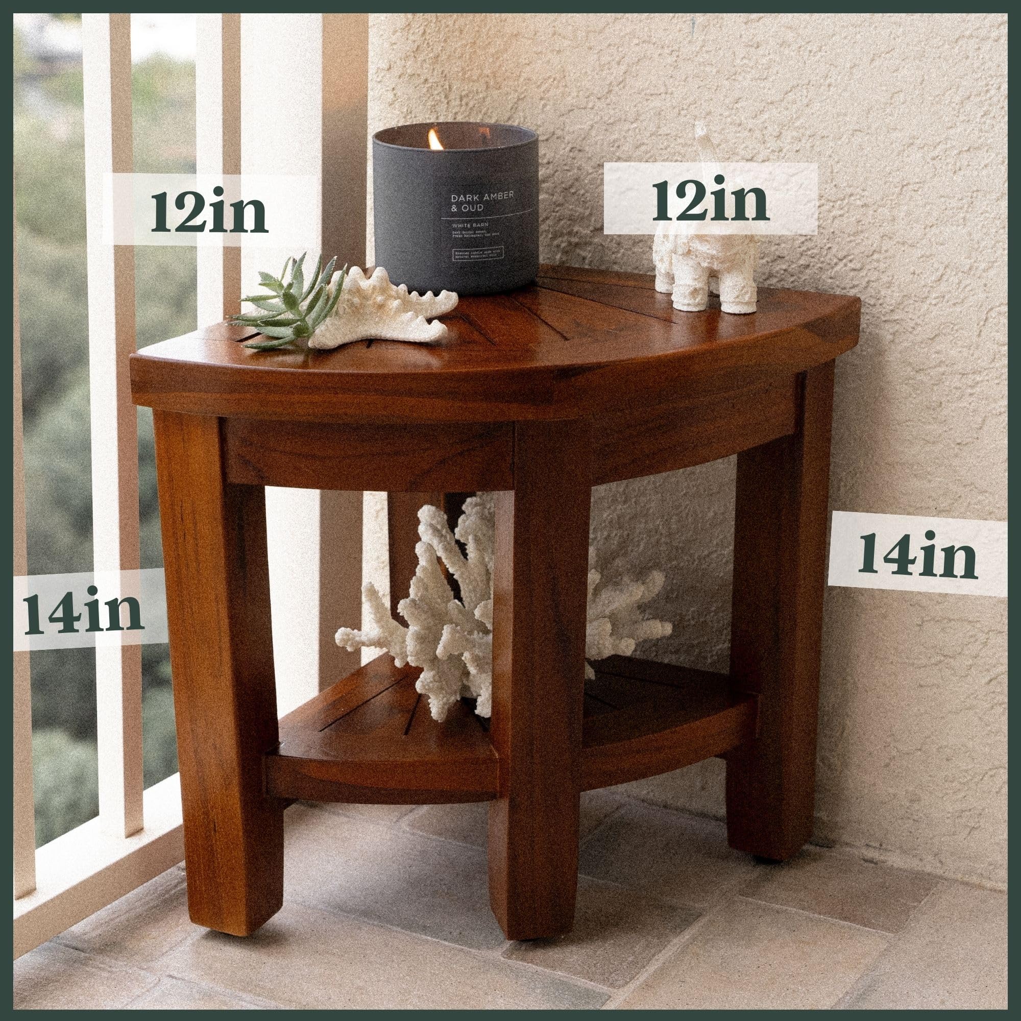 Teak Corner Shower Bench - Fully Assembled 14 inch Corner Teak Shower Bench | Waterproof Shower Stool for Shaving Legs | Non-Slip Multi-Purpose Corner Shower Stool for Bathroom, Patio, Living Room