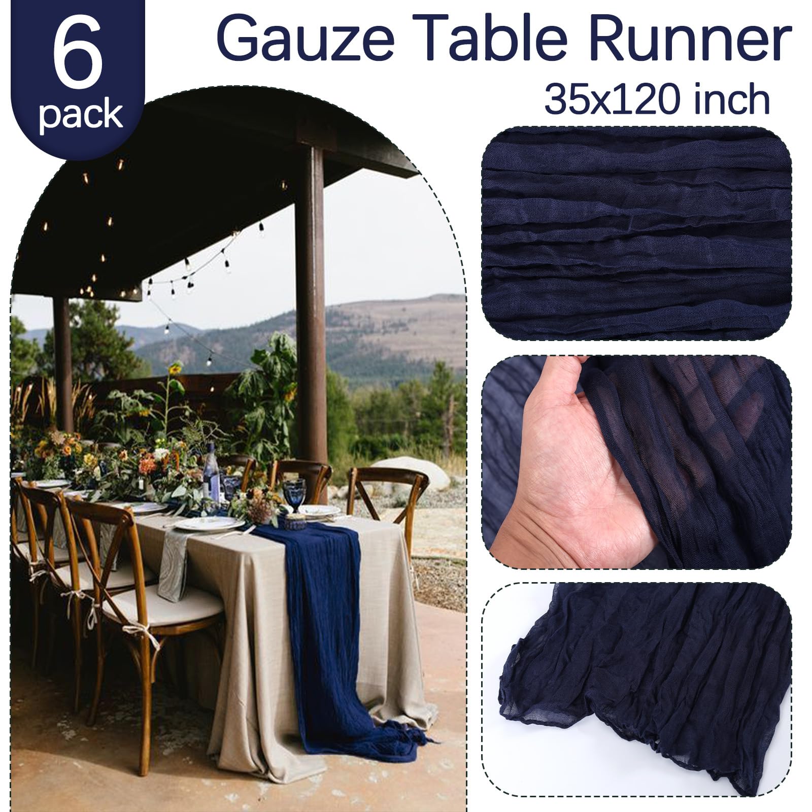 RestfulGlow 6 Pack Navy Blue Cheesecloth Table Runner 10FT Boho Gauze Fabric Table Runner 35 x 120 Inch Rustic Sheer Runner for Wedding Birthday Baby Shower Party Boho Table Decoration(Navy Blue)