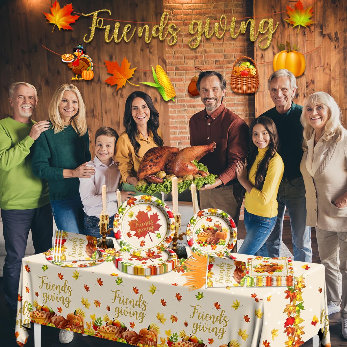 Friends Giving Party Decorations,142Pcs Fall Tableware Includes Paper Plates,Tablecloth,Cups Autumn Pumpkin Maple Turkey Theme Decorations for Friends Giving Holiday,Fall Decoration