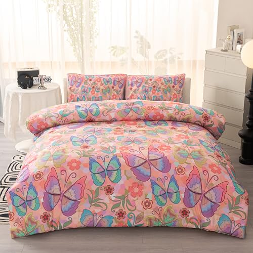 Podol Girls Pink Comforter Set Full Size, Butterfly Flowers Pattern Bedding Set, 5pc Lightweight Bed in A Bag with 1 Comforter, 2 Pillowcases, 1 Flat Sheet and 1 Fitted Sheet for Kids