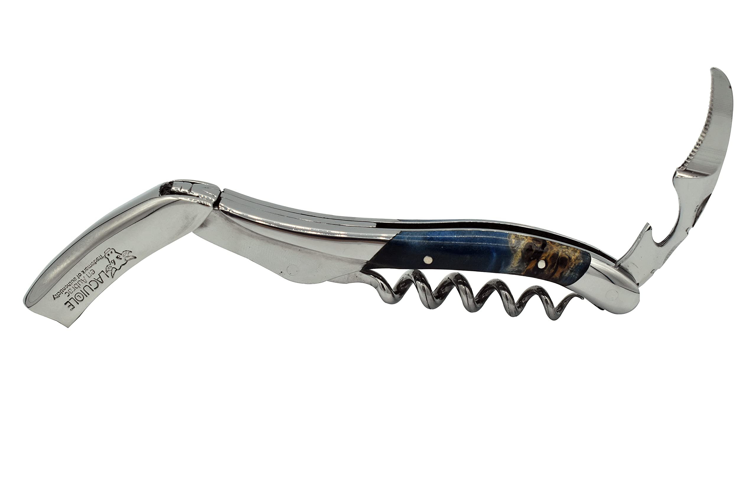 Laguiole En Aubrac Sommelier Waiter's Corkscrew, Stabilized Blue Poplar Burl Handle, Wine Opener With Foil Cutter & Bottle Opener, Polished Bolster