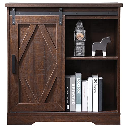 WAMPAT Coffee Bar Cabinet with Barn Doors, Farmhouse Sideboard Buffet Cabinet with Storage for Living Room Dinning Room Rustic Brown