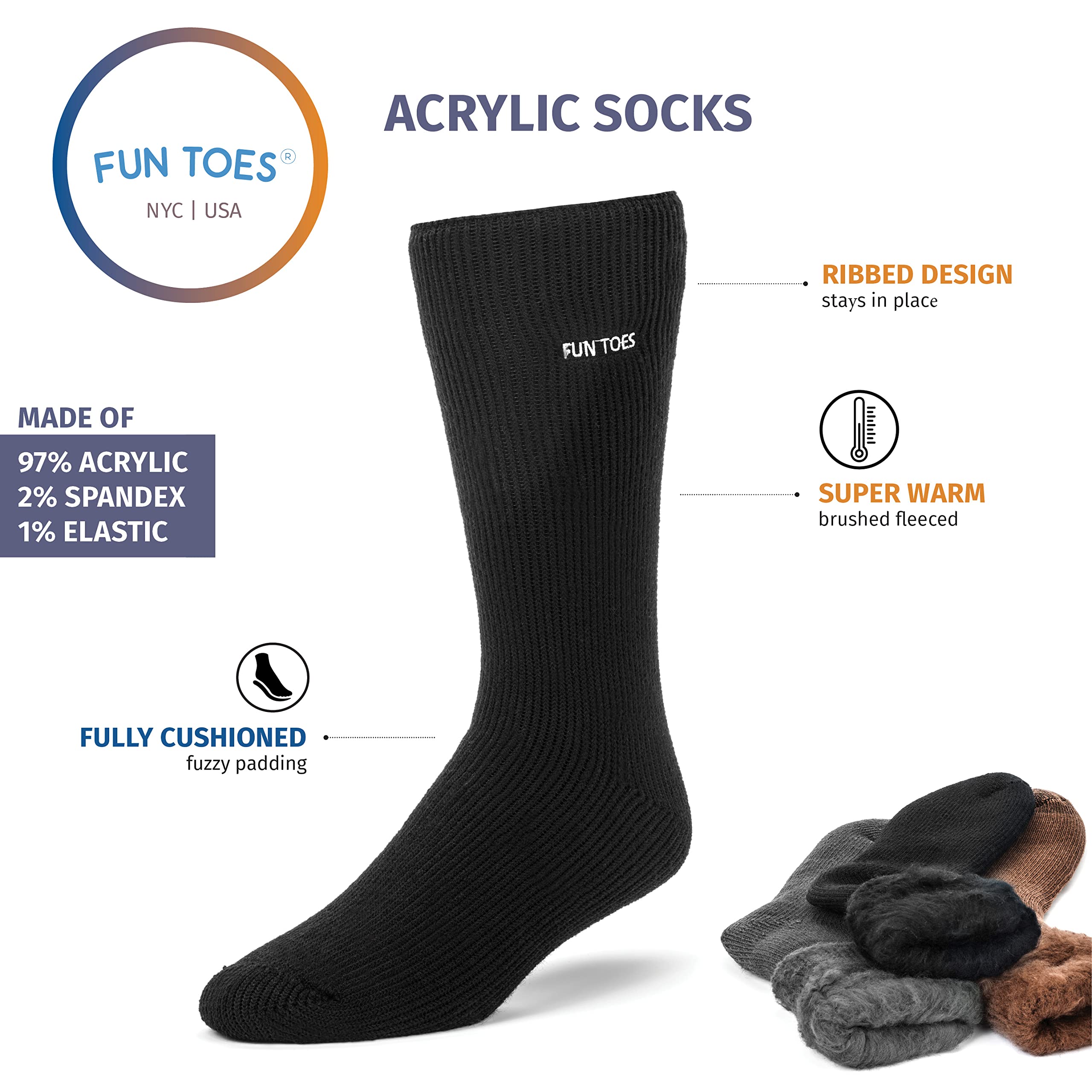 FUN TOES Men 3 pairs thermal insulated heavy duty winter acrylic brushed socks size 8-13 (Black)