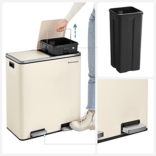 SONGMICS Trash Can, 2 x 8 Gal Garbage Can for Kitchen, with 15 Trash Bags, 2 Compartments, Plastic Inner Buckets and Hinged Lids, Airtight, Almond Color ULTB201A01