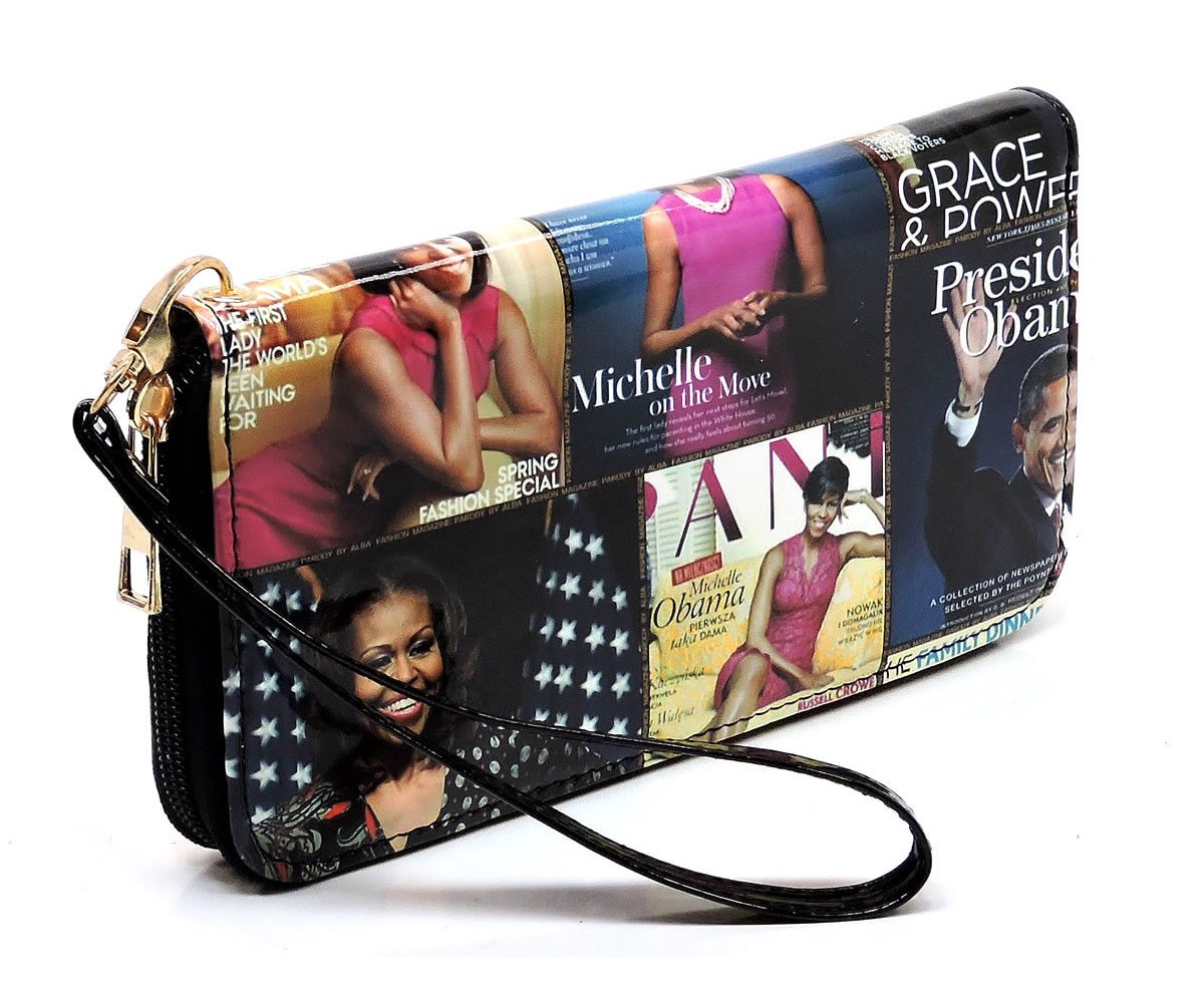 Glossy Magazine Cover Collage 3-in-1 Shopper Tote Bag Wallet Set Michelle Obama Handbag (9-Multi/Black)