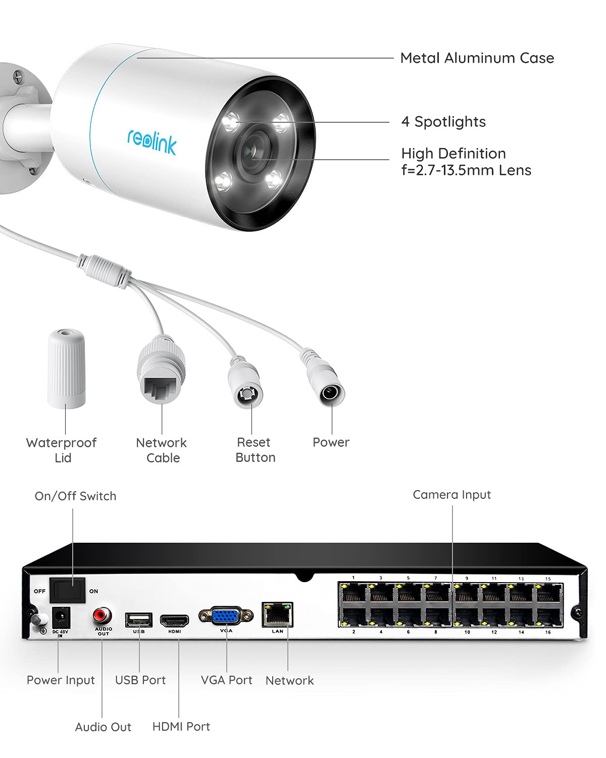 REOLINK 4K Security Camera System, 8pcs H.265 PoE Security Cameras Wired with Person/Vehicle Detection, Two-Way Talk, Spotlights, 8MP 16CH NVR with 3TB HDD for 24-7 Recording, RLK16-812B8-A (Renewed)
