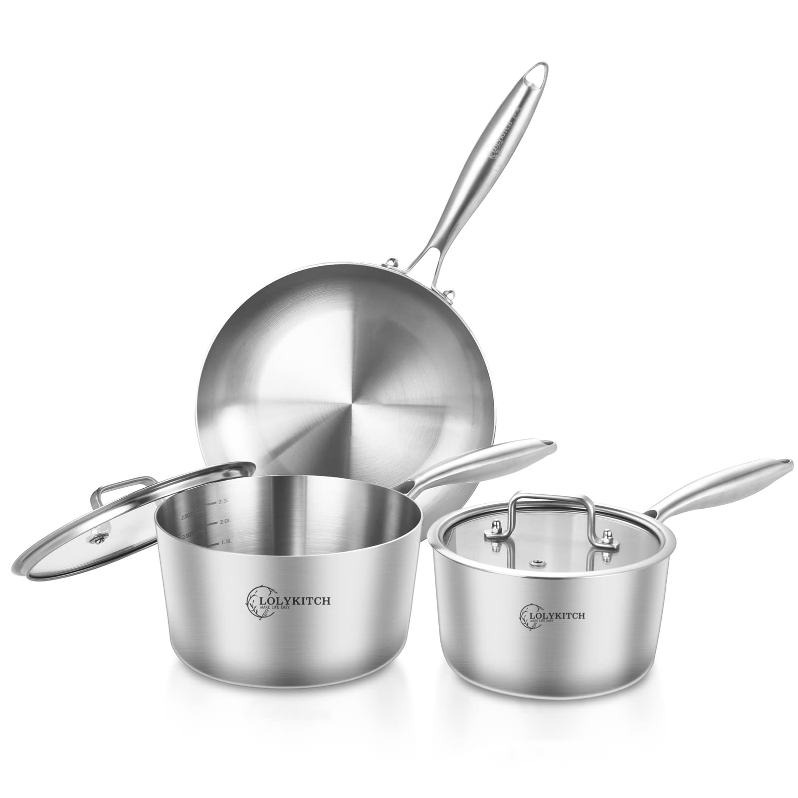 LOLYKITCH Whole Body Tri-Ply Stainless Steel 10 Inch Frying pan & 1.5QT 3QT Saucepan Cookware set of 5