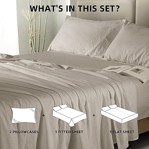 SONORO KATE 100% French Pure Linen Sheets, Breathable and Durable Line King Size Sheets, Anti-Tear Line Bed Sheets, Machine Washable, 16 Inch Deep Pocket - 4 Piece (Natural Linen, King)