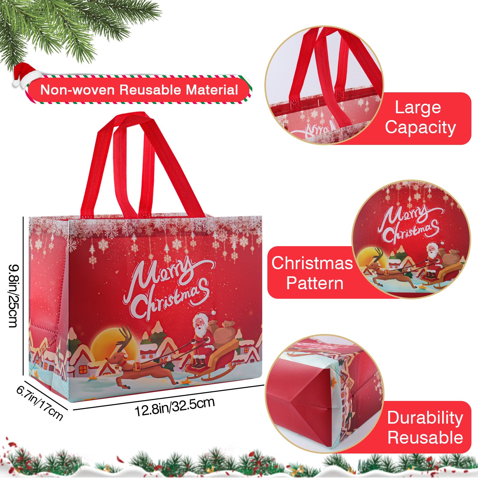 Tsungup 18 Pack Christmas Gift Bags Assorted Sizes,Large Non-Woven Christmas Tote Bags Christmas Reusable Gift Bags with Handles - Large Xmas Gift Bags