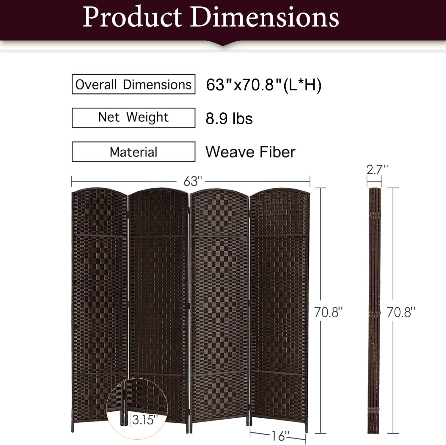 RHF 6 ft.Tall Room Divider, Room Dividers and Folding Privacy Screens, 15.7" Privacy Screen 4 Panels Room Divider Wall Partition, Dark Coffee