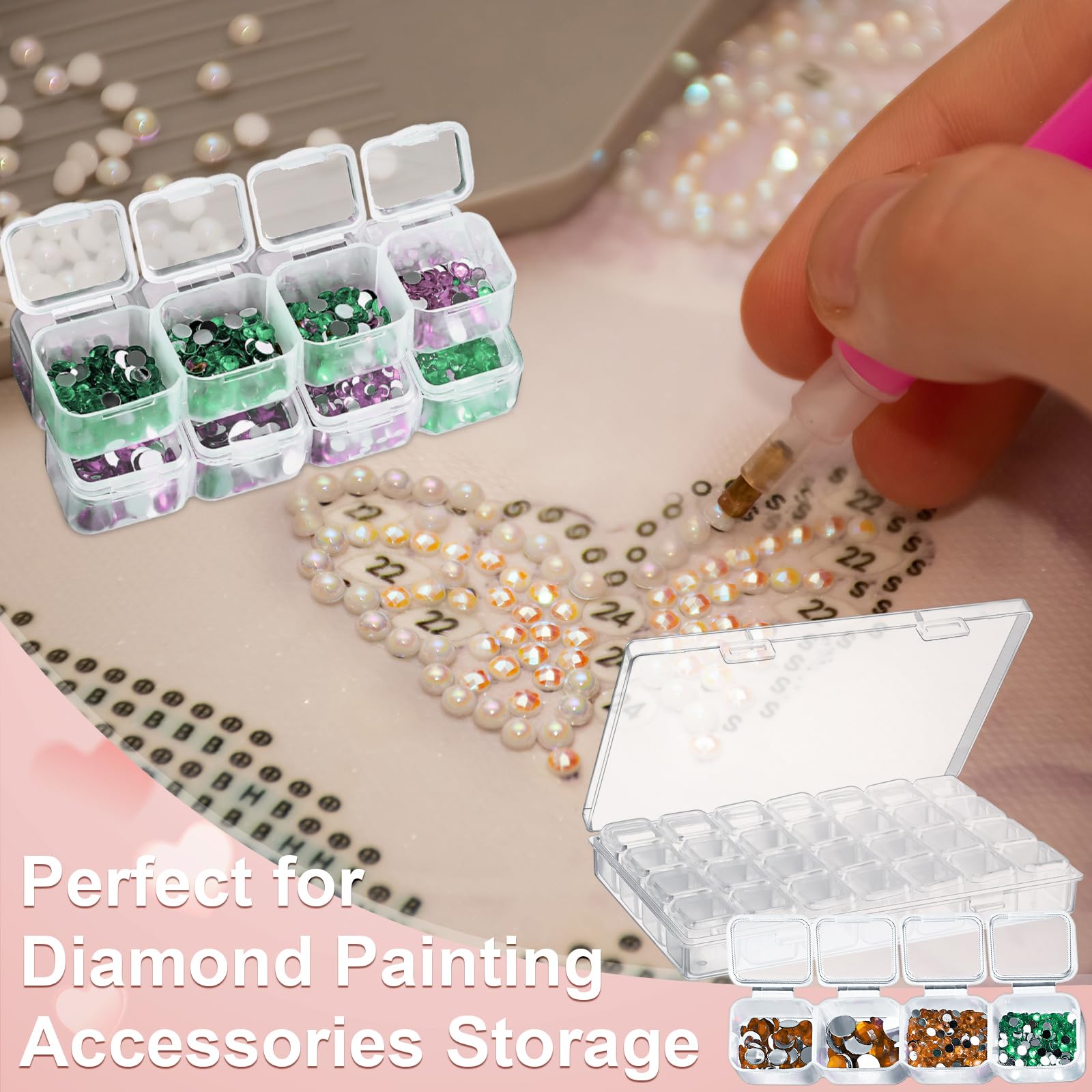 Ripeng 24 Pack 672 Slots Diamond Painting Storage Containers Bulk, 28 Grids Bead Organizer Box Diamond Painting Accessories Boxes Diamond Art Embroidery Storage with 960 Label Stickers