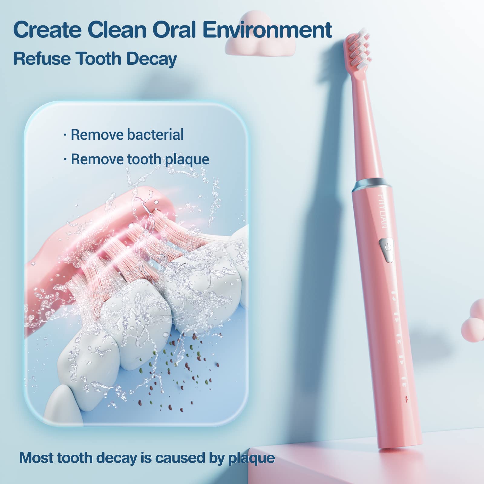 TRVLAEWOR Sonic Electric Toothbrush for Kids and Adults, UltraSonic Motor, 8 Brush Heads, 5 Modes, 3 Hours Fast Charge for 60 Days, Smart Timer, Electric Toothbrushes, Pink