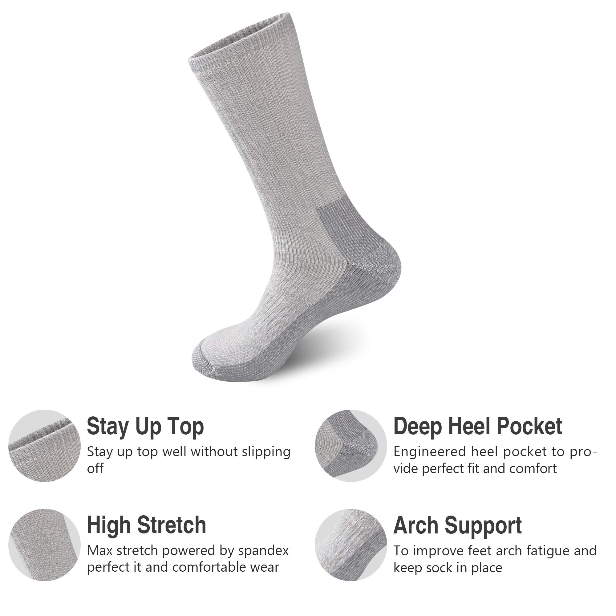 GKX Men's Merino Wool Moisture Wicking Themal Outdoor Hiking Work Boot Heavy Cushion Crew Socks(Grey)
