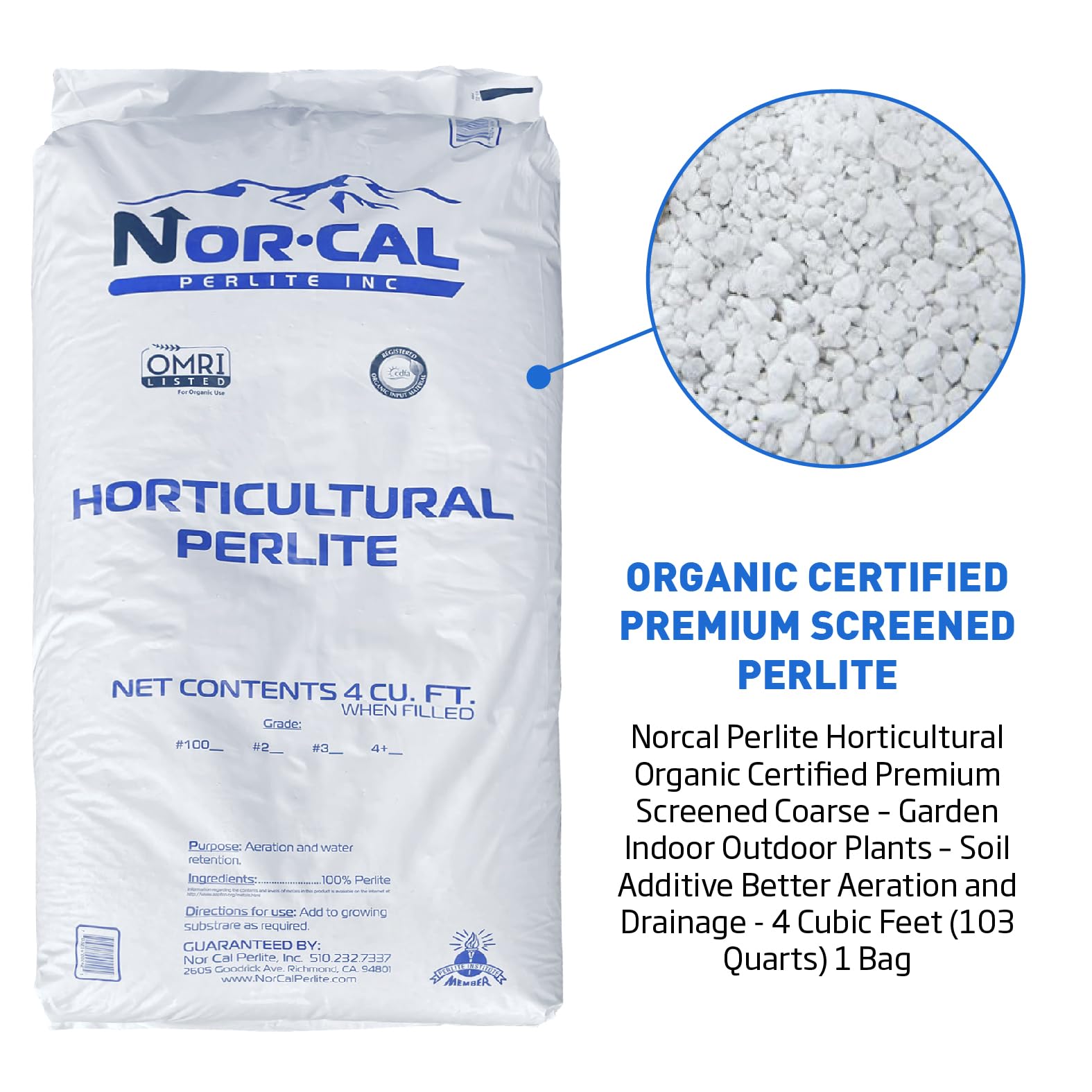 Norcal Perlite Horticultural Organic Certified Premium Screened Coarse β Garden Indoor Outdoor Plants β Soil Additive Better Aeration and Drainage - 4 Cubic Feet (103 Quarts) 1 Bag