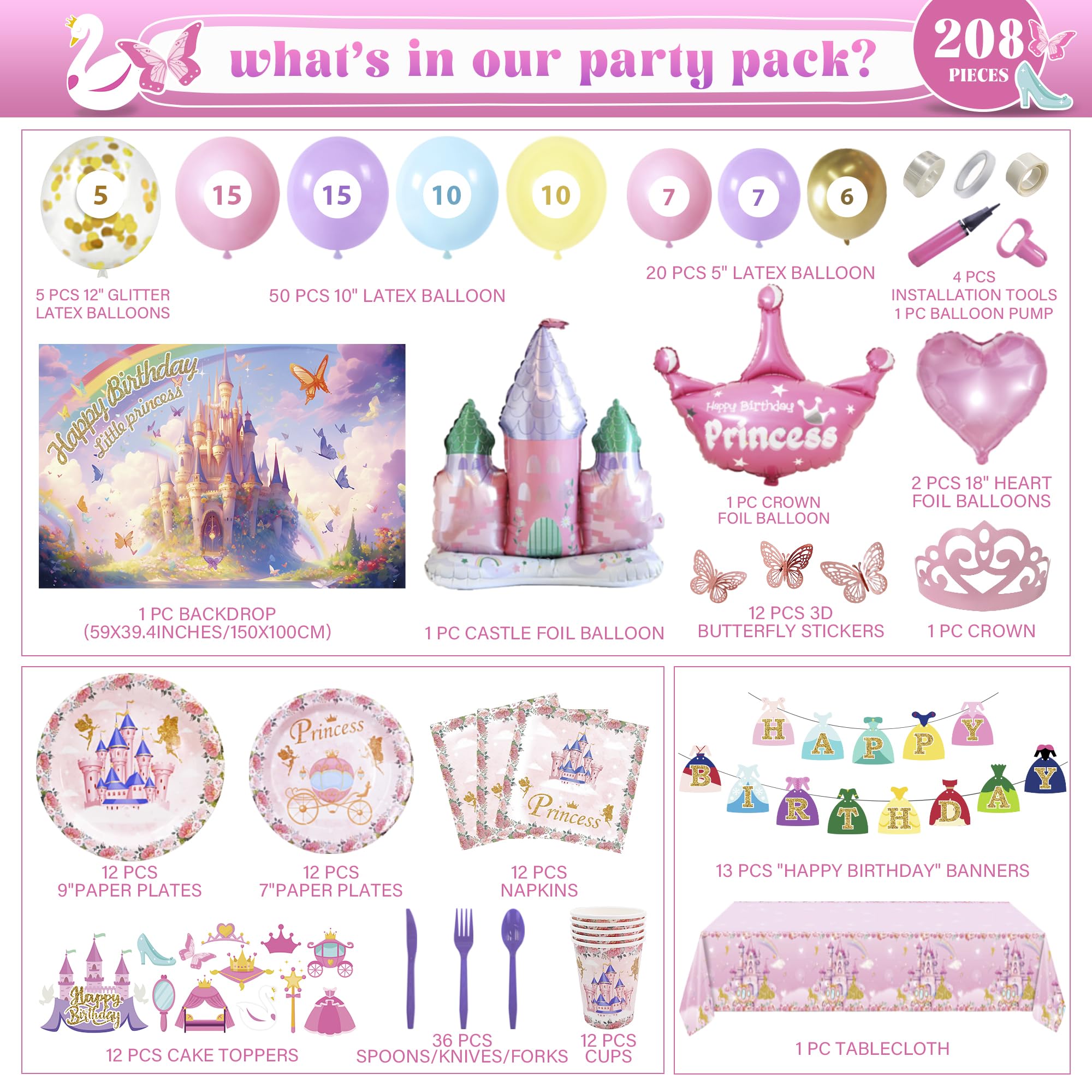 Party Spot! 208 PCS Princess Birthday Party Decorations For Girl, 12 Tableware Sets, Castle Balloons, Balloon Arch, Disposable Paper Plates, Backdrop, Balloon Pump, Princess Party Decorations