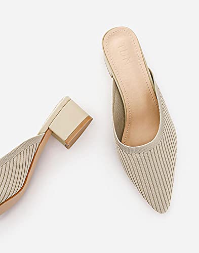 TIJN Pointed Toe Mules for Women Chunky Sandals Low Heeled Sandals Breathable Mesh Knit Slip on Flat Shoes(Helka) Cream