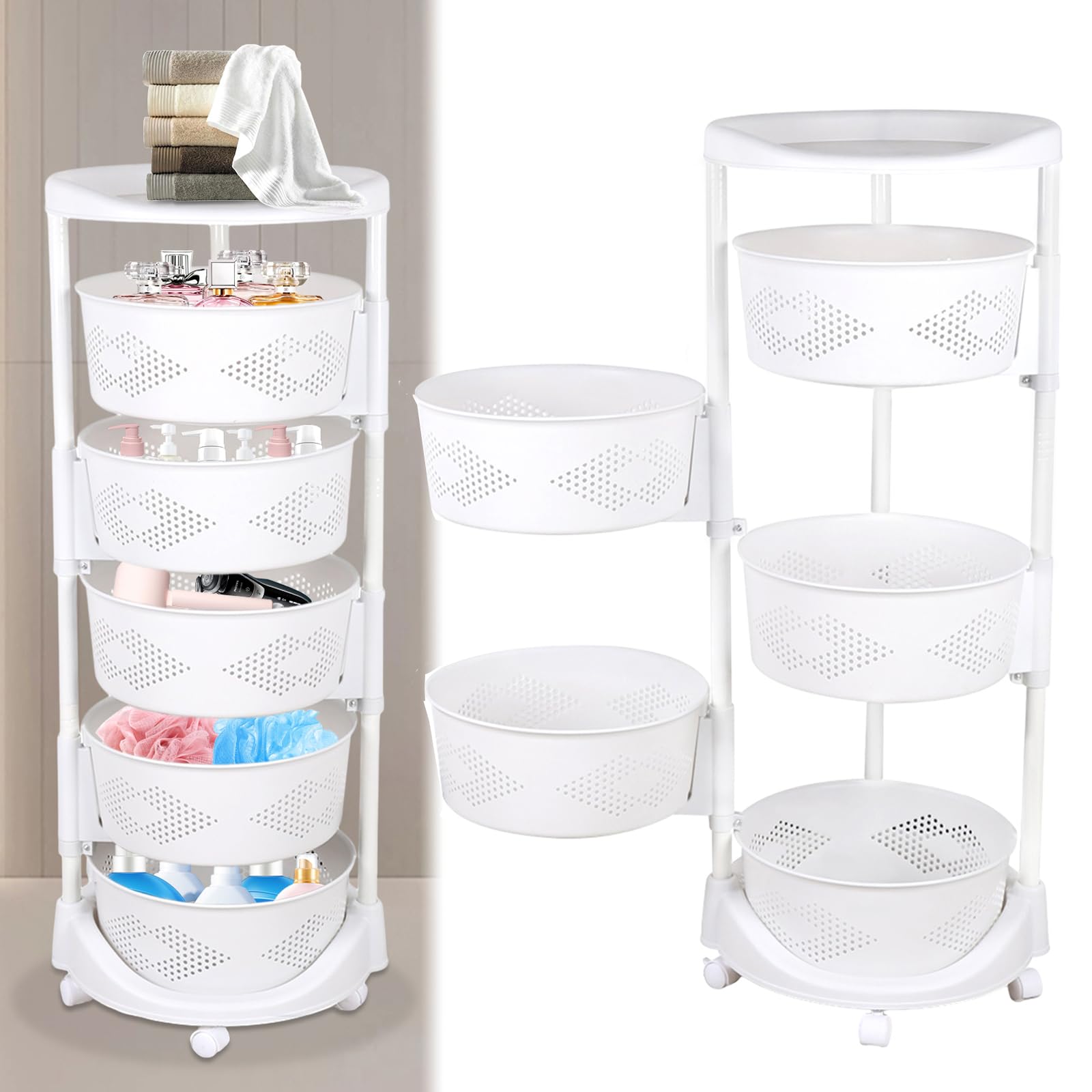 Pinelicorn 5 Tier Kitchen Rotating Storage Rack,Multi-Layer Storage Basket with Wheels,White Storage Shelves Racks,Rotating Shelf Organizer,Rolling Storage Cart for Kitchen Living Room Bedroom