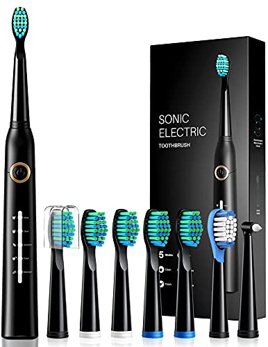 PHIPRIME Electric Toothbrush for Adults, 8 Brush Heads Sonic Electric Toothbrushes, 40000 VPM Deep Clean, 5 Modes Rechargeable Toothbrushes, 3 Hours Charge Last 30 Days (Black)