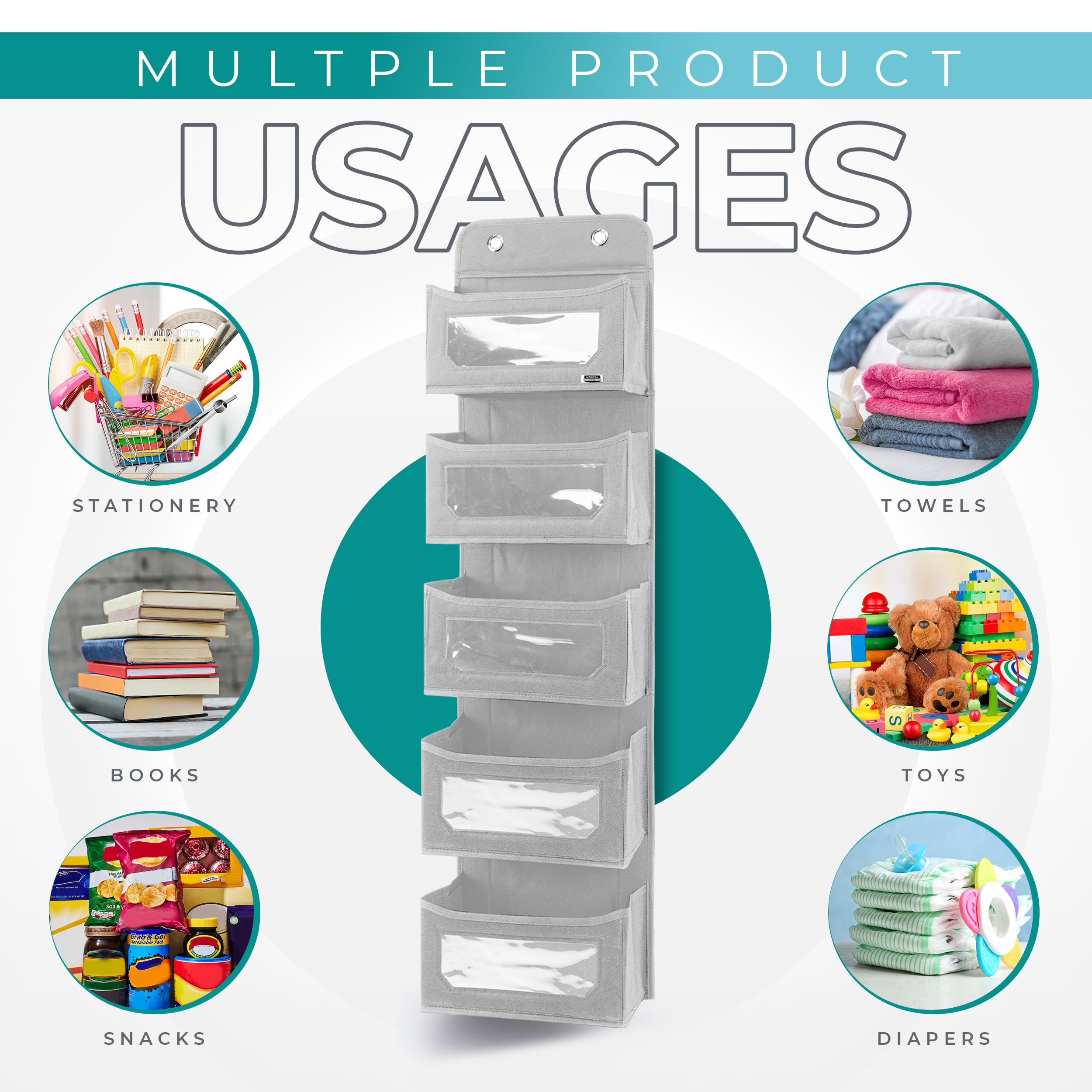 Utopia Home Hanging Closet Organizer, Over The Door Storage with Compartments, Over The Door Pantry Organizer, Hanging Organizers for Sweaters (5 Pockets, Grey)