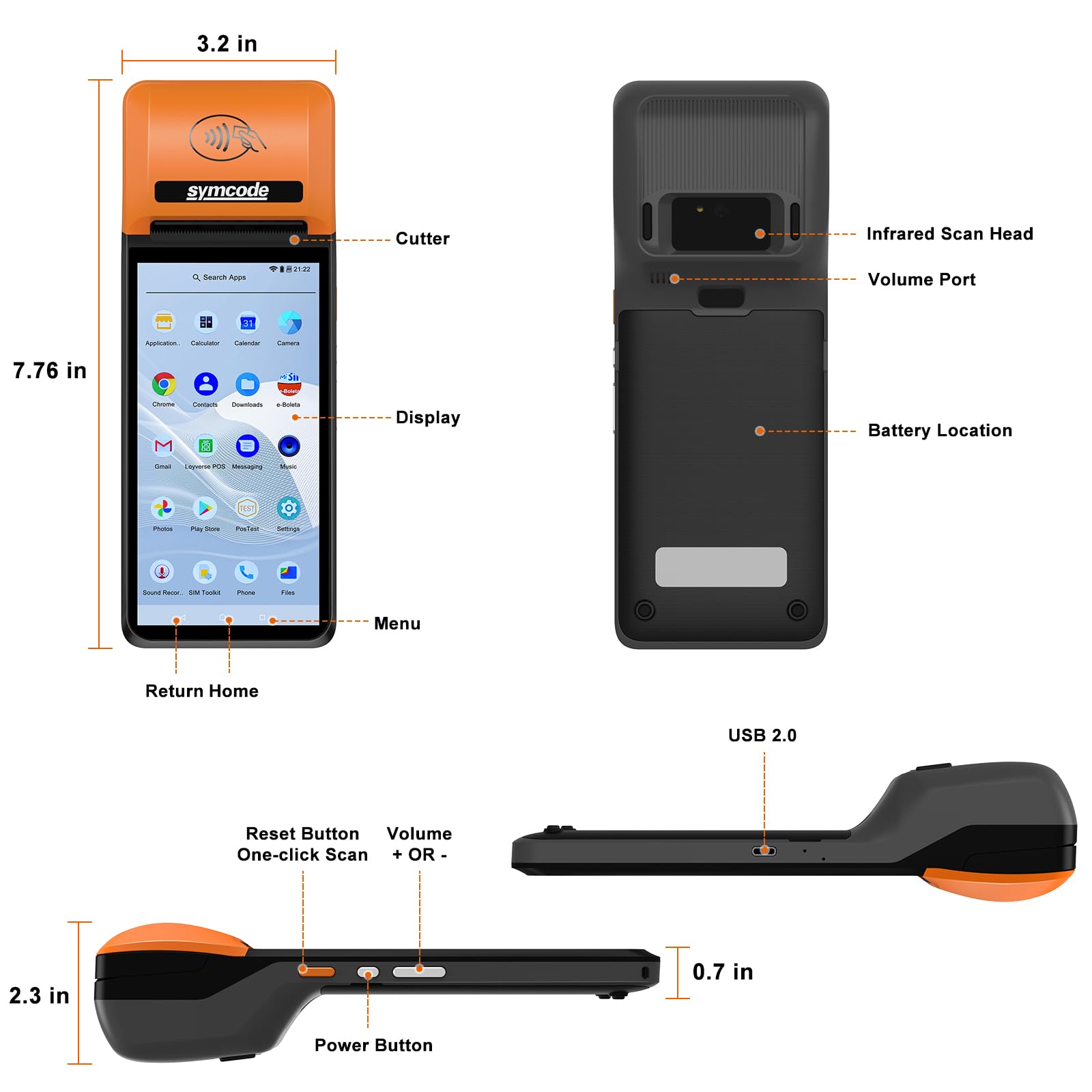 symcode POS PDA Printer Mobile POS Machine Terminal Thermal Receipt Printer 5.99" High Resolution and Clear Touch Screen Handheld PDA Printer Android 8.1 OS Built-in Google Play and NFC